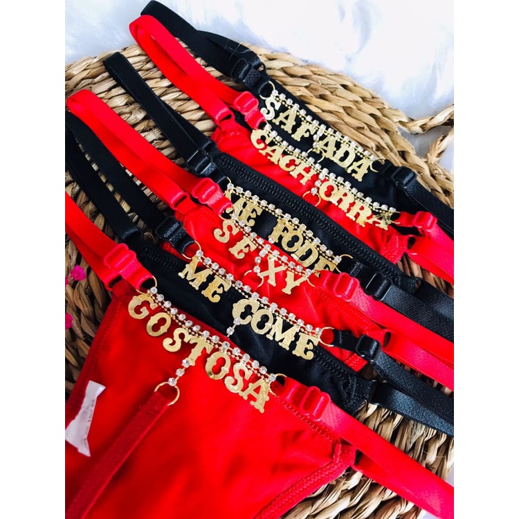 Kit 6 Calcinha Frase Tanga Com Escrita Em Strass Pingente Sensual