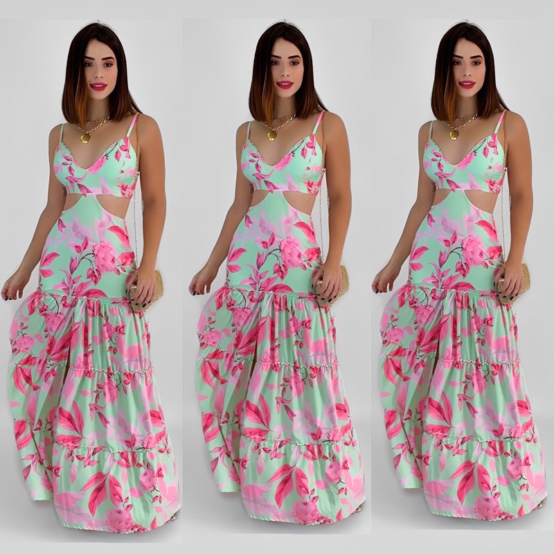 Vestido Longo Estampa Floral Abertura/Recorte Laterais Decotado Verão ...