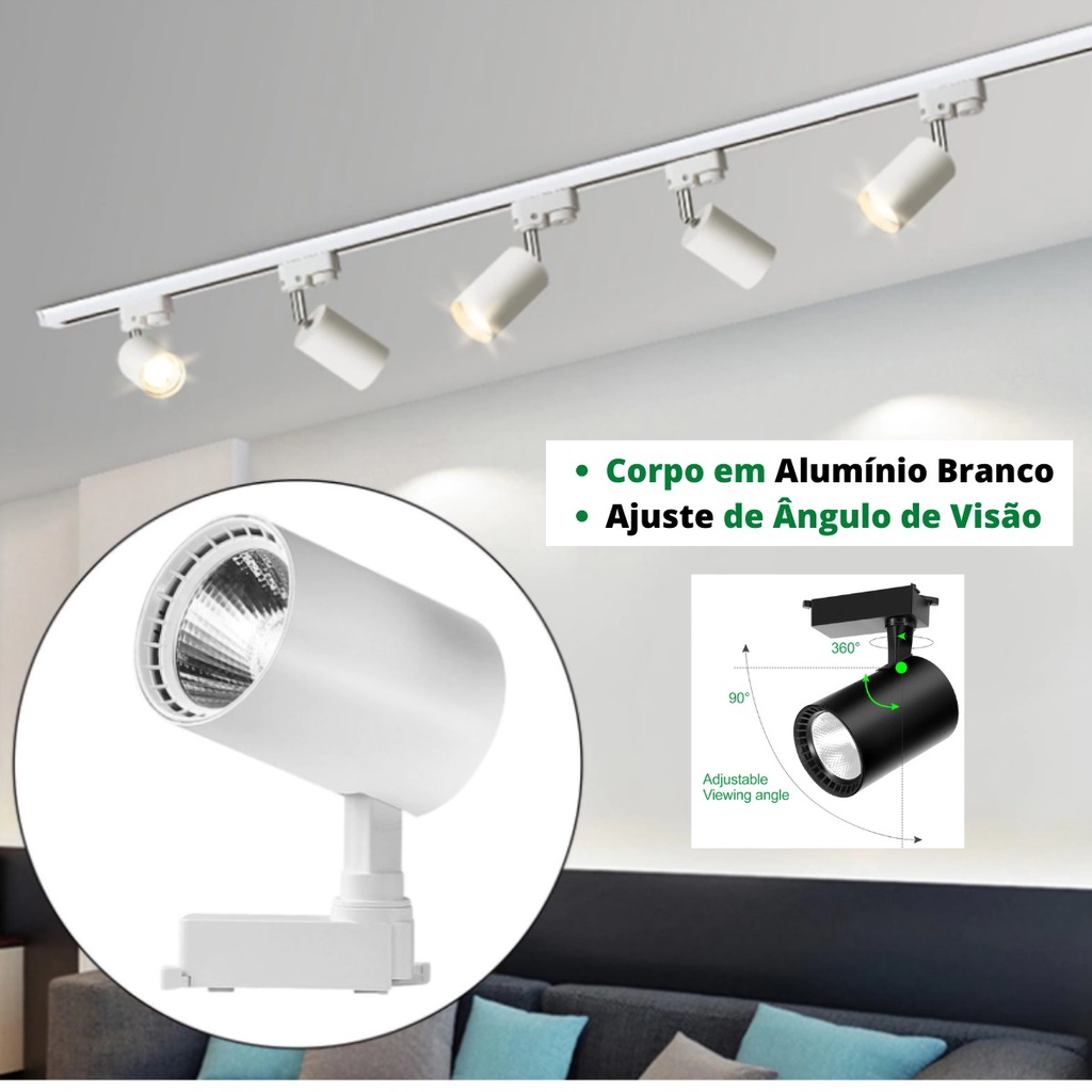 Trilho Eletrificado Spot BRANCO Led 7W com 2, 3, 4 ou 6 lâmpadas trilho de luz de 1 a 2 metros ...