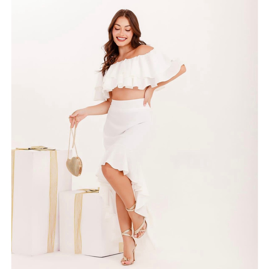 Conjunto Feminino Branco Ano Novo Reveillon Saia E Cropped Shopee Brasil