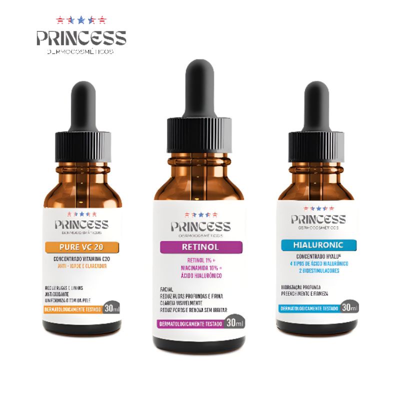 kit 3 Séruns Princess Retinol + Hialurônico + Vitamina C20 MoroCorp ...
