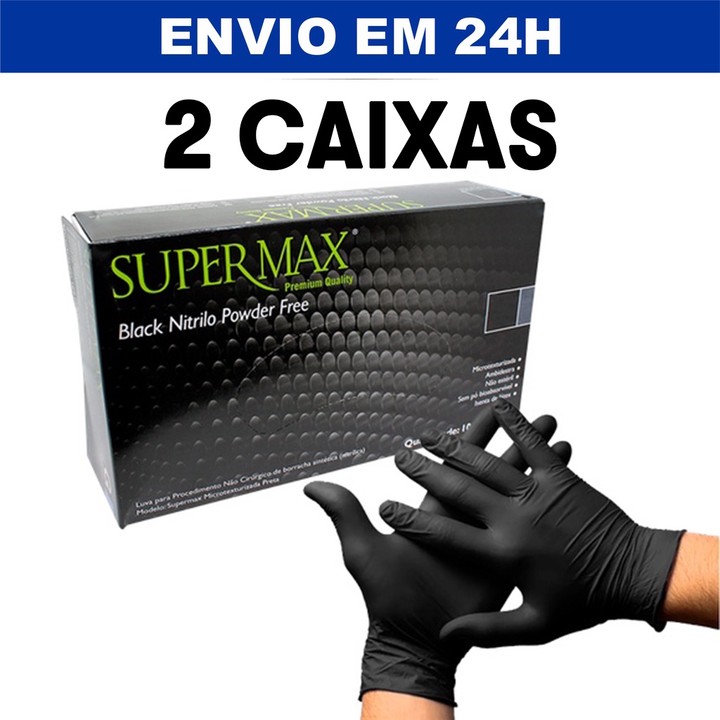 KIT 2 CAIXAS de Luva Preta Procedimento Nitrilica Black Supermax C/100 P/M/G/GG | Shopee Brasil