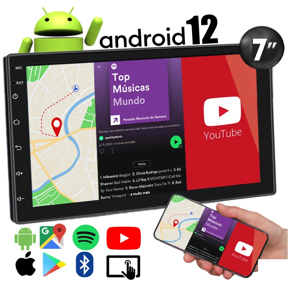 Central Multimídia Universal 7 Polegadas Android 12 GPS Integrado Espelhamento Sem Fio Android e ...