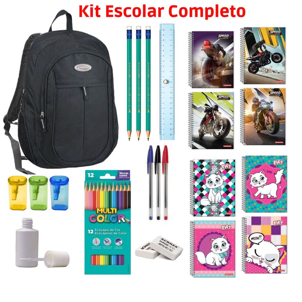 Material Escolar Mochila Kit Completo Caderno Caneta Lapis Ensino Medio ...