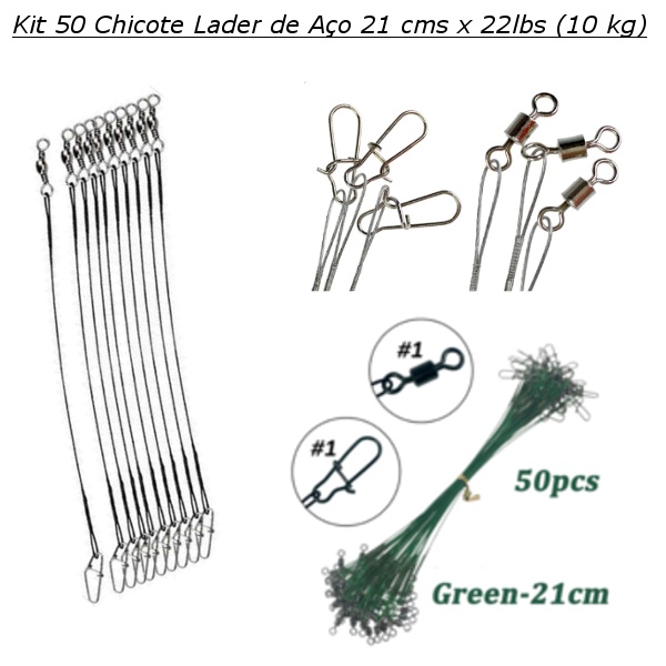 kit 50 Unidades Chicote Leader Empate de Aço 21 cms com Snap e ...
