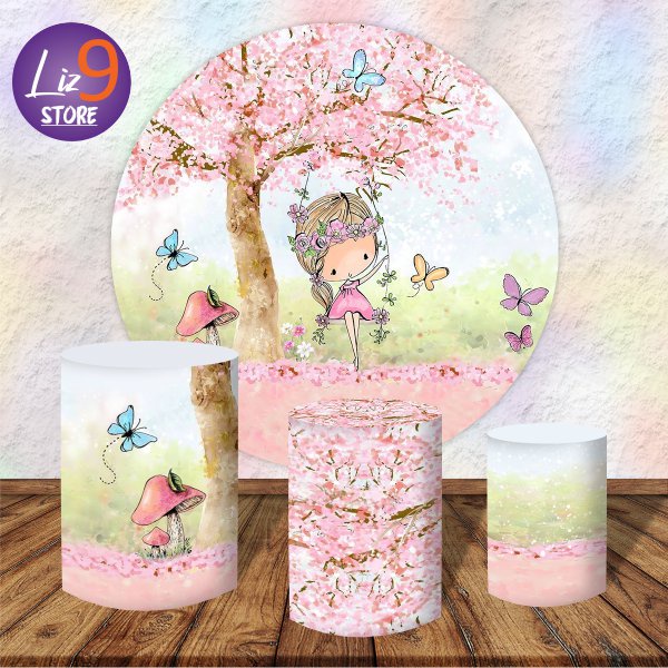 Kit Painel Redondo Sublimado Jardim Encantado 1,50M + Trio Capas de ...