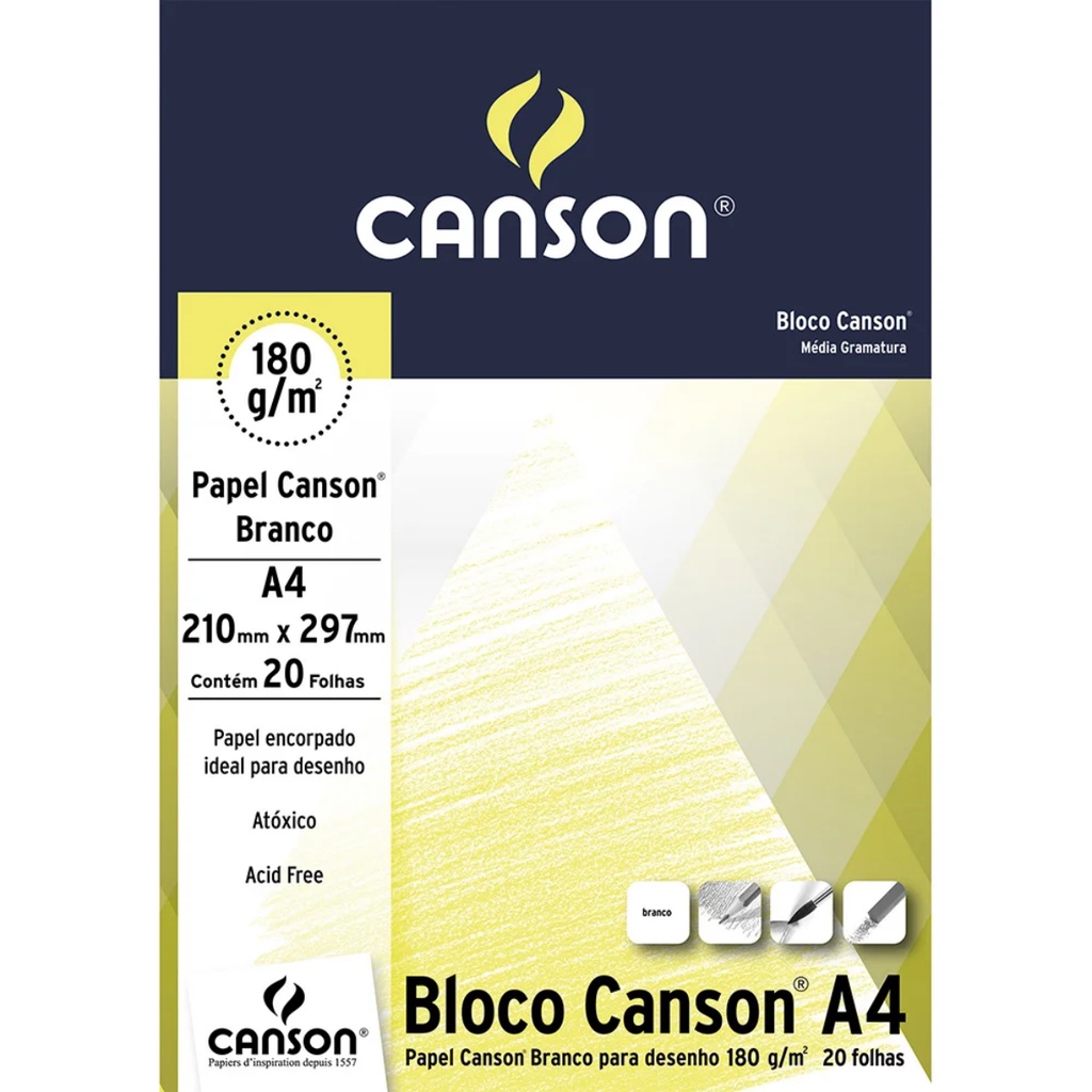 Papel Canson bloco para desenho branco A4 180gr, 210mm x 297mm, com 20 ...