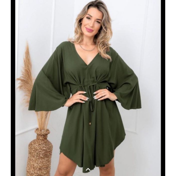 Vestido kafta Chamisse saída de praia Femenino curto de amarrar manga ...