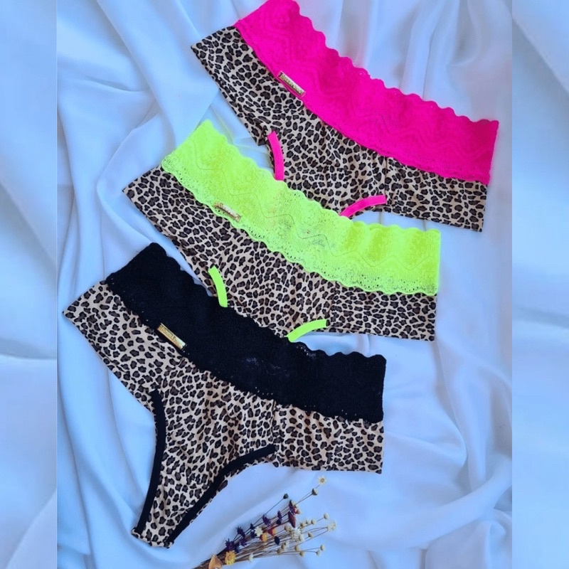 Kit 3 Calcinha Cós Alto Onça Estampada Duhellen com renda colorida fio ...