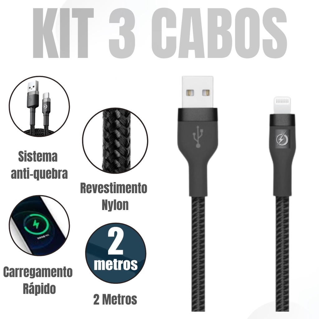 Kit 3 Cabos Iphone Lightning Usb Carregador Rápido 2 Metros Resistente ...