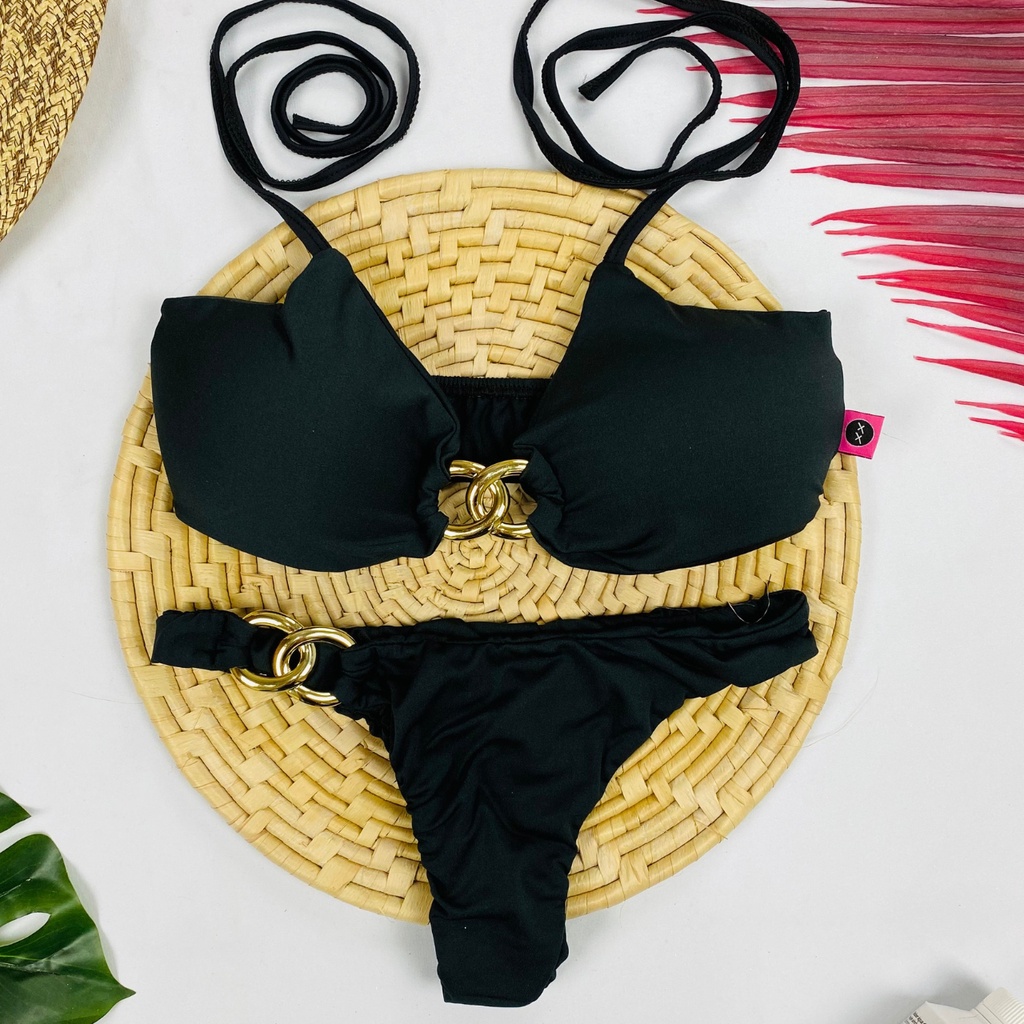 Biquini Maldivas Preto Feminino Com Fivela Detalhe Com Bojo Conjunto de ...