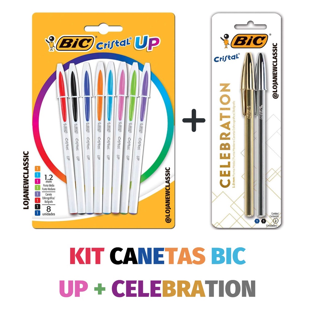 Kit Caneta Bic Cristal Up + Celebration - Ponta Média (Coloridas, Prata ...