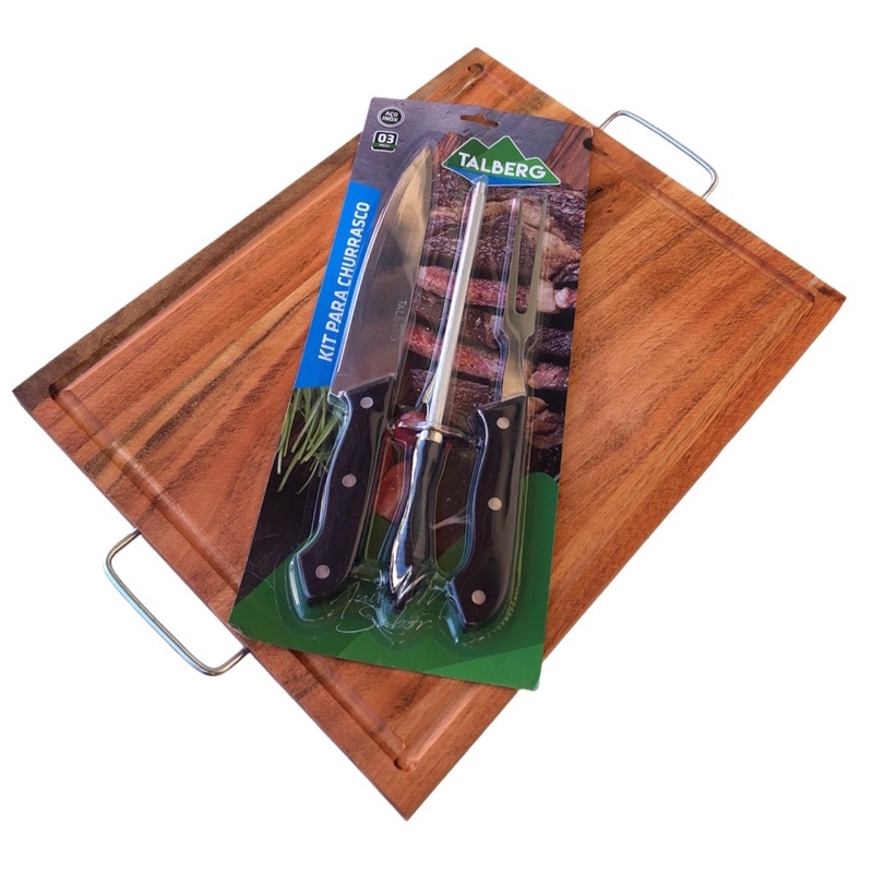 Kit Churrasco Tábua Grande 32x40 Faca Garfo e Chaira | Shopee Brasil