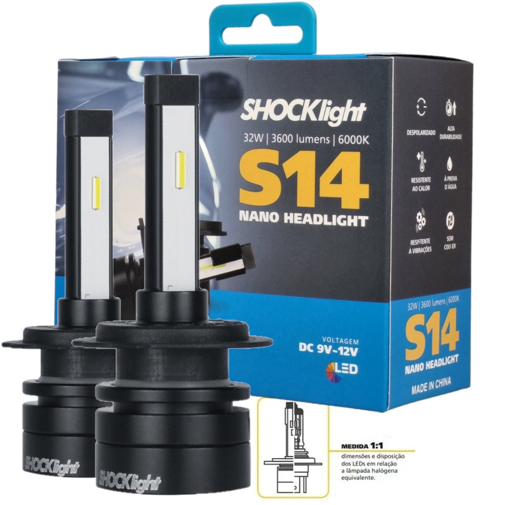 Par Lâmpadas Super LED Shocklight S14 Nano Headlight H1 H3 H7 H11 H15 H16 H27 HB3/9005 HB4/9006 ...