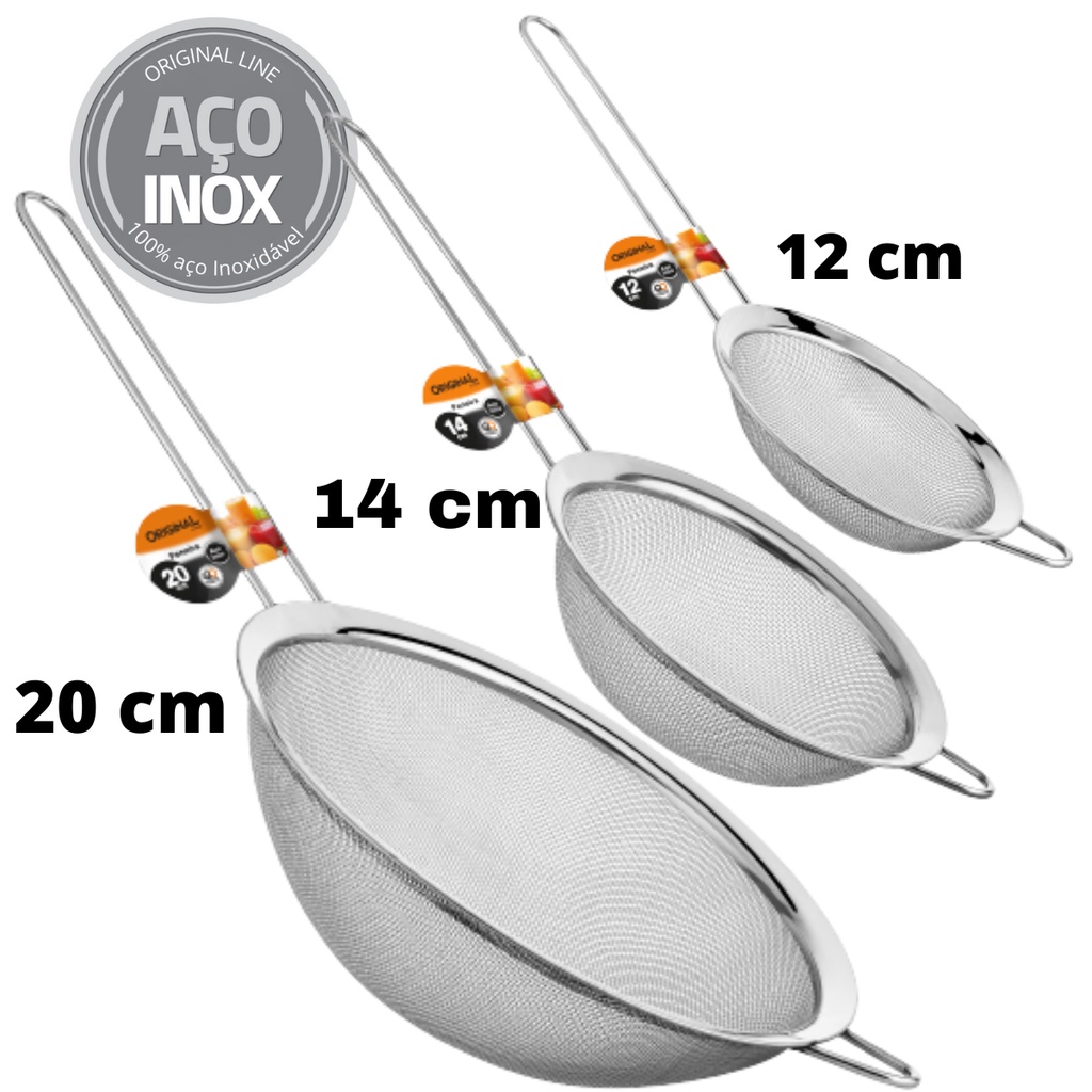 KIT 3 Peneiras - 12 cm 14 cm e 20 cm De Aço Inox Utensílios De Cozinha ...