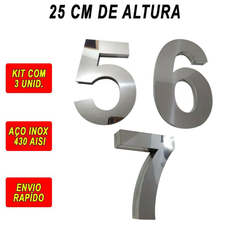 KIT 2 NÚMEROS e 1 letra de AÇO INOX polido 15 cm. | Shopee Brasil