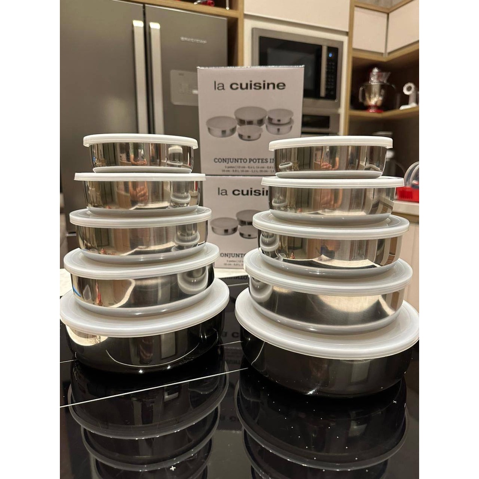 Conjunto de Tigelas Aço Inox 5 Peças com Tampa Resistente Transparente ...