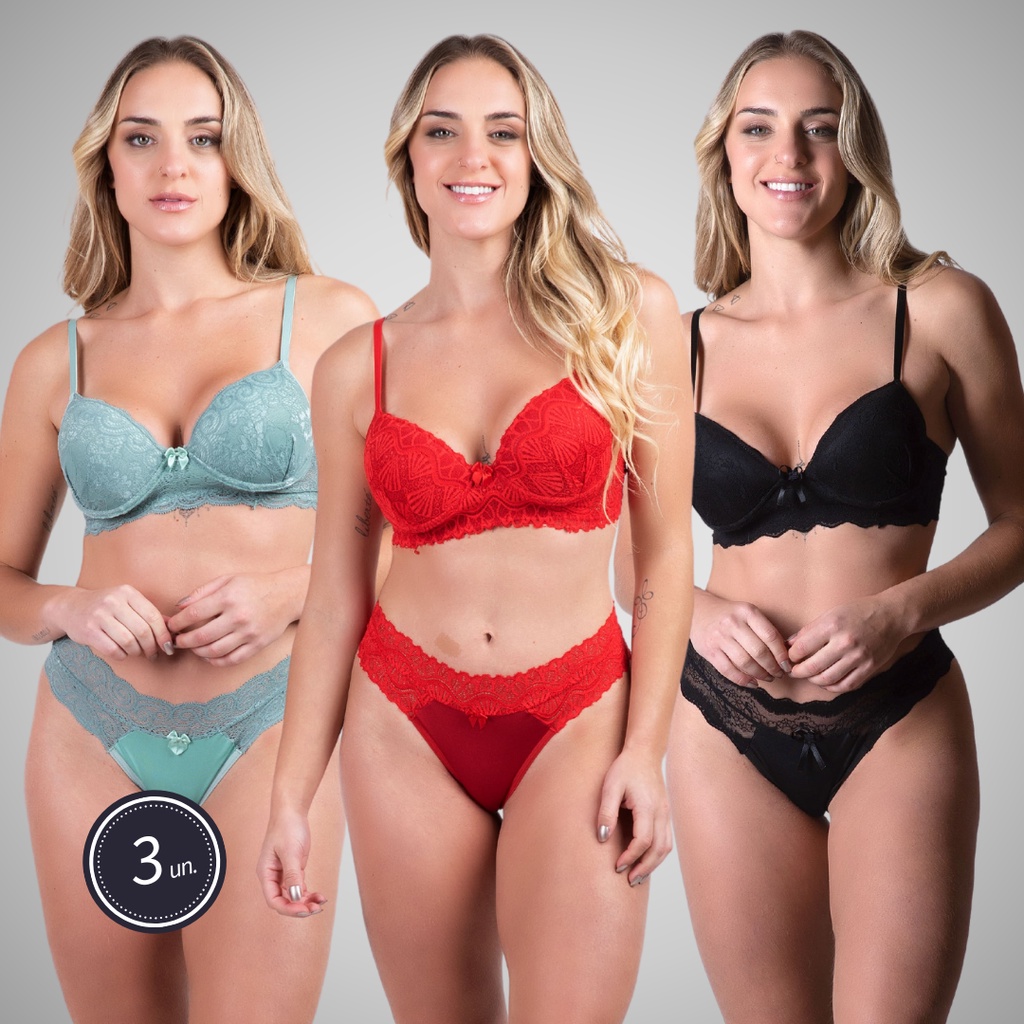 Kit 3 Conjuntos Lingerie Bojo Sensual Microfibra Detalhes Renda Luxo Moda Íntima Feminina ...