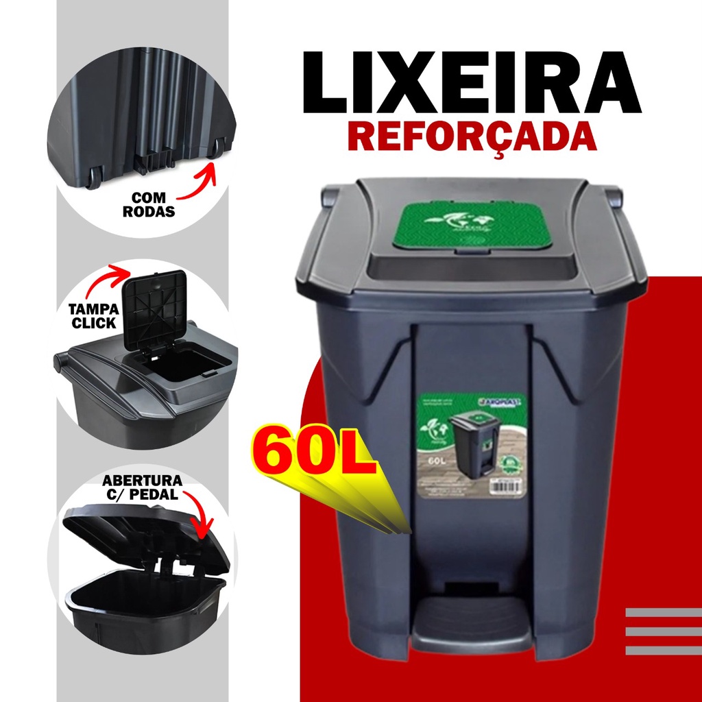 Lixeira Grande Cesto de Lixo Preto Plástico 60L C Roda Pedal Tampa ...