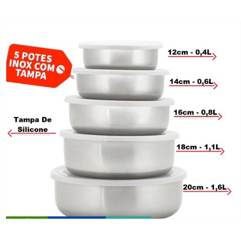 Kit Conjunto De Potes Inox 5 Peças Com Tampa - La Cuisine | Shopee Brasil