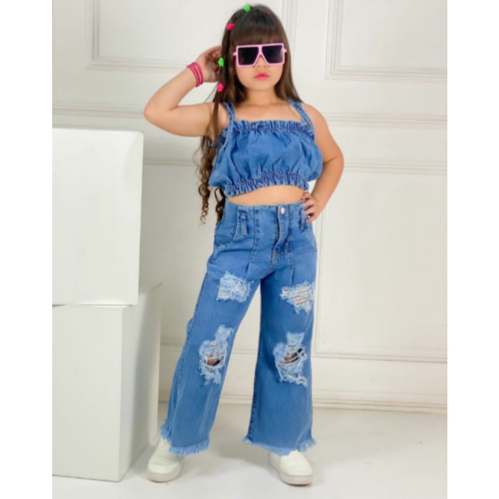 Conjunto Wide Leg Jeans Infantil Menina | Shopee Brasil