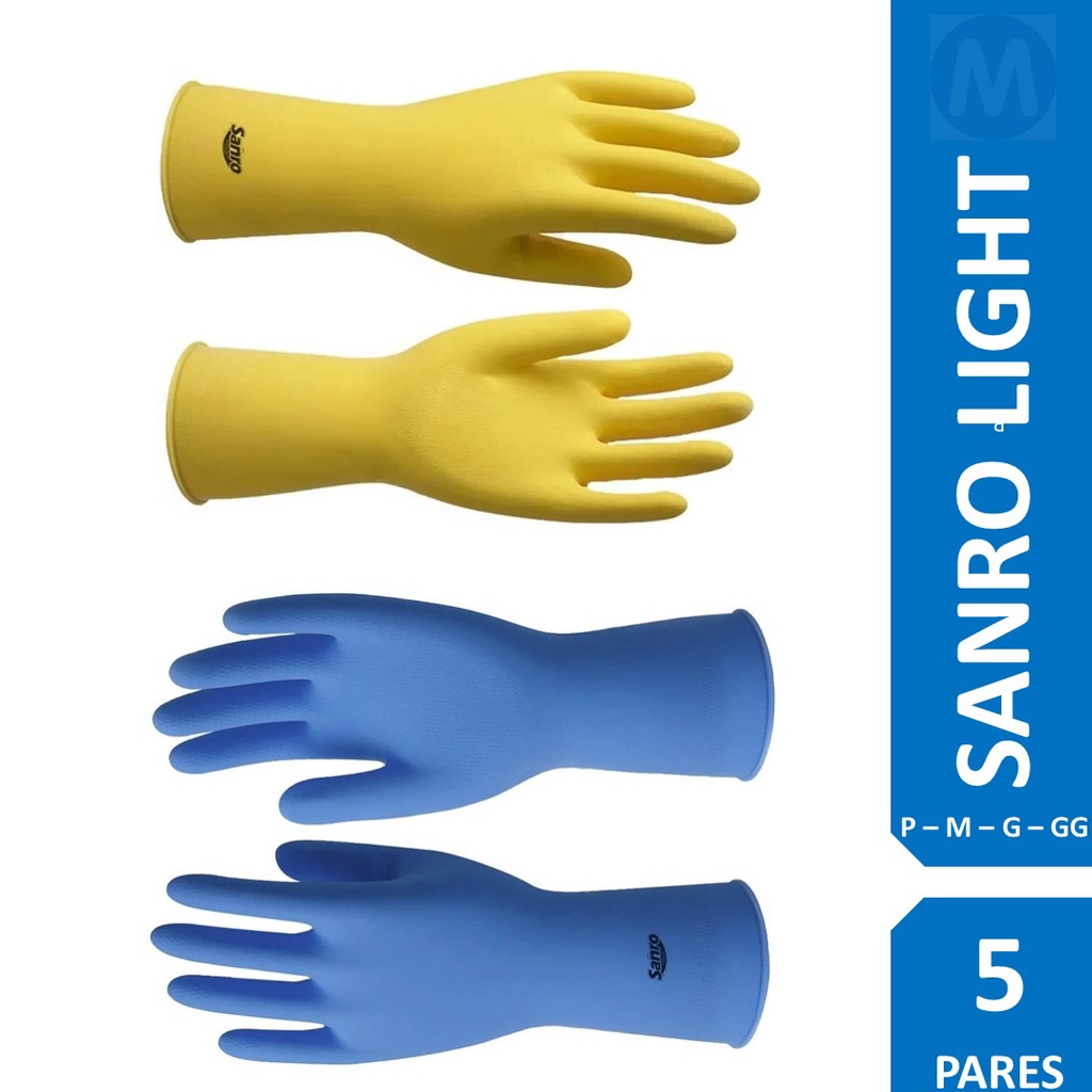 Kit 5 Pares Luva Limpeza Multiuso Amarela ou Azul Sanro Light Maleável ...