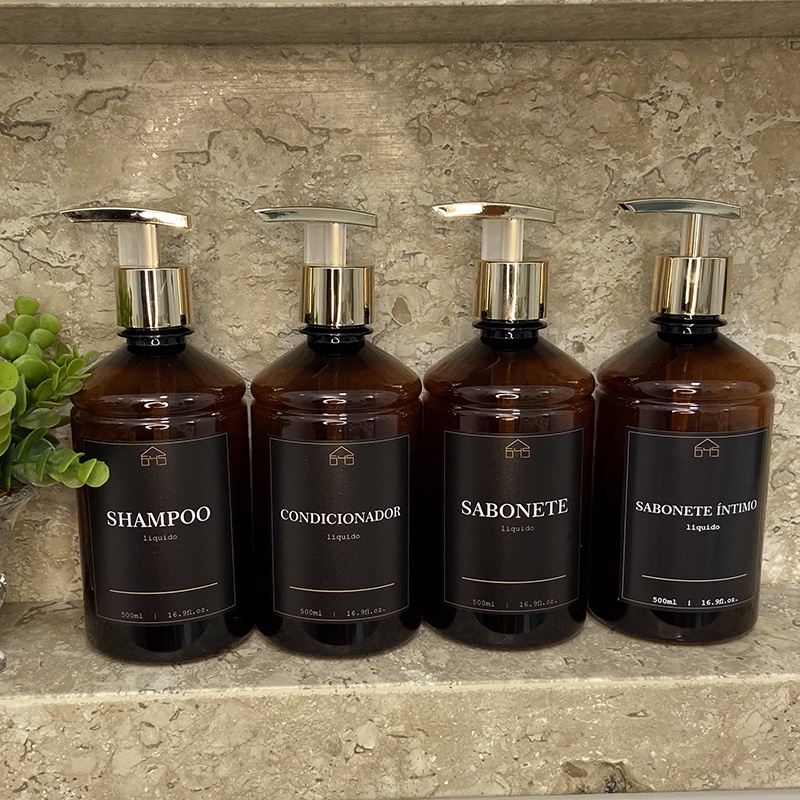 Kit Banheiro Frasco Pet Luxo Âmbar 4Pçs Shampoo Condicionador Sabonete ...