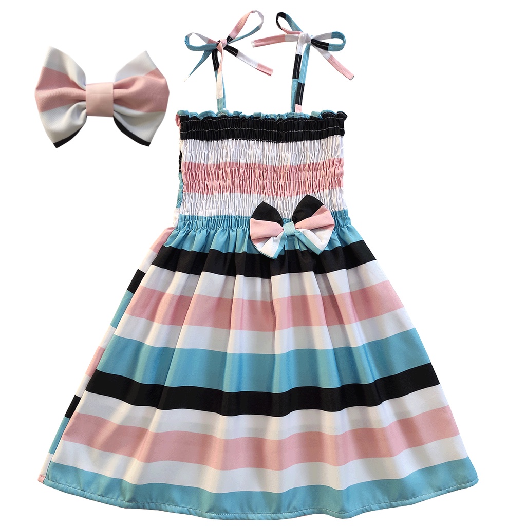 Kit vestido infantil listra horizontal meninas + laço cabelo | Shopee ...