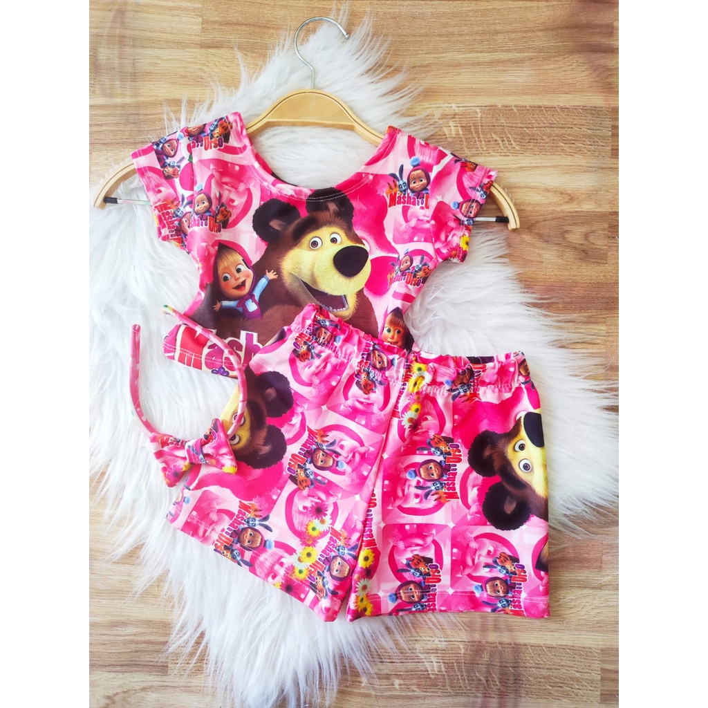 Conjunto Infantil Menina Macha e o Urso Rosa +Short +Tiara | Shopee Brasil