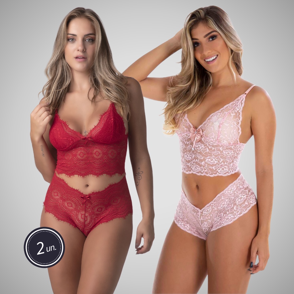 Kit 2 Conjuntos Renda Espera Marido Cropped Sem Bojo Calcinha Calesson Shortinho Lingerie Baby ...