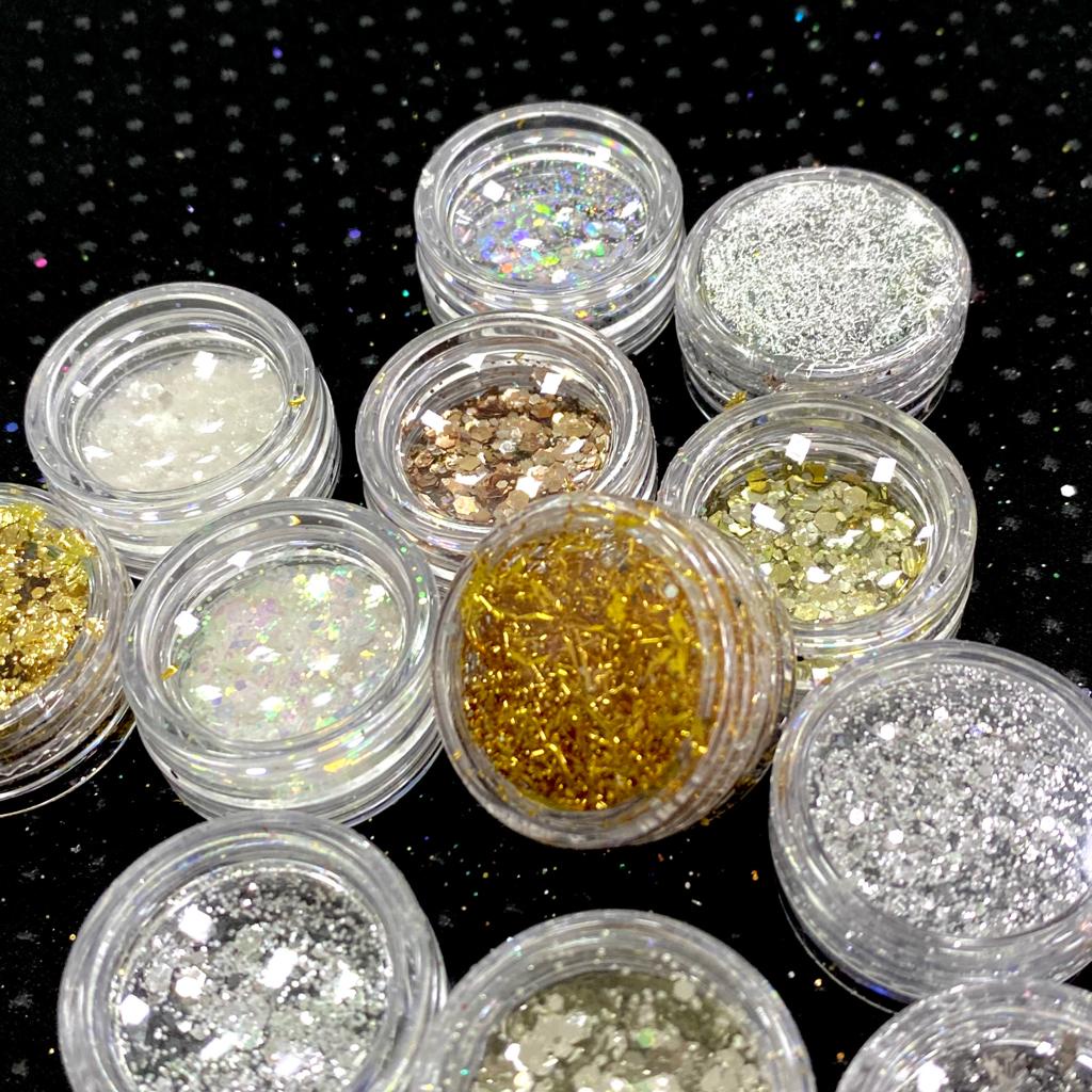 KIT C/12 GLITTER FLOCADO FRUTA COR/PRATA/DOURADO COM FITINHA OURO e ...