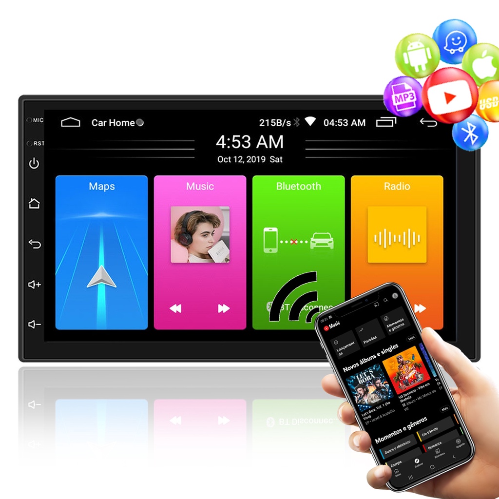 Central Tipo Pioneer Multimidia Mp5 Android Gps Espelhamento Tela Bluetooth iOs 7 Polegadas H ...