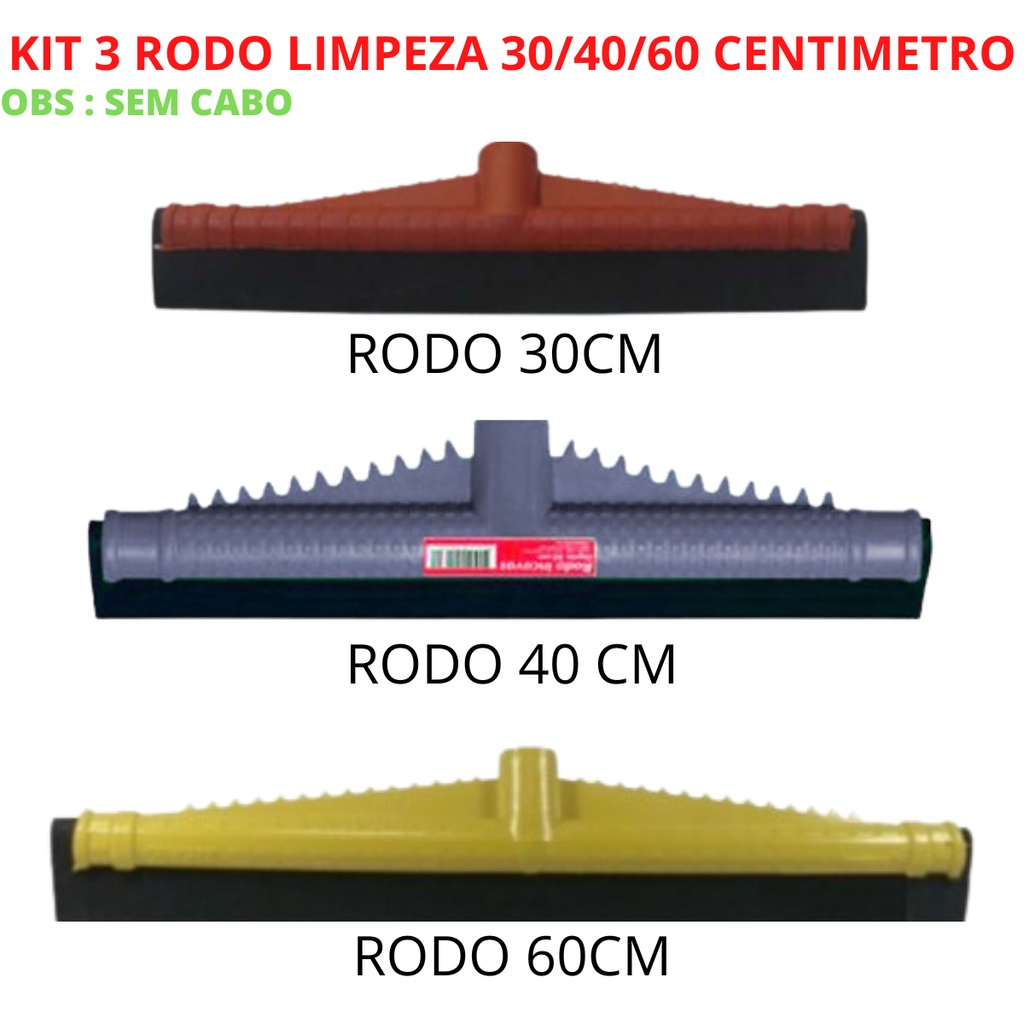 KIT 3 Rodo De Limpeza Plástico Base Sem Cabo Borracha Dupla 30/40/60 CM ...