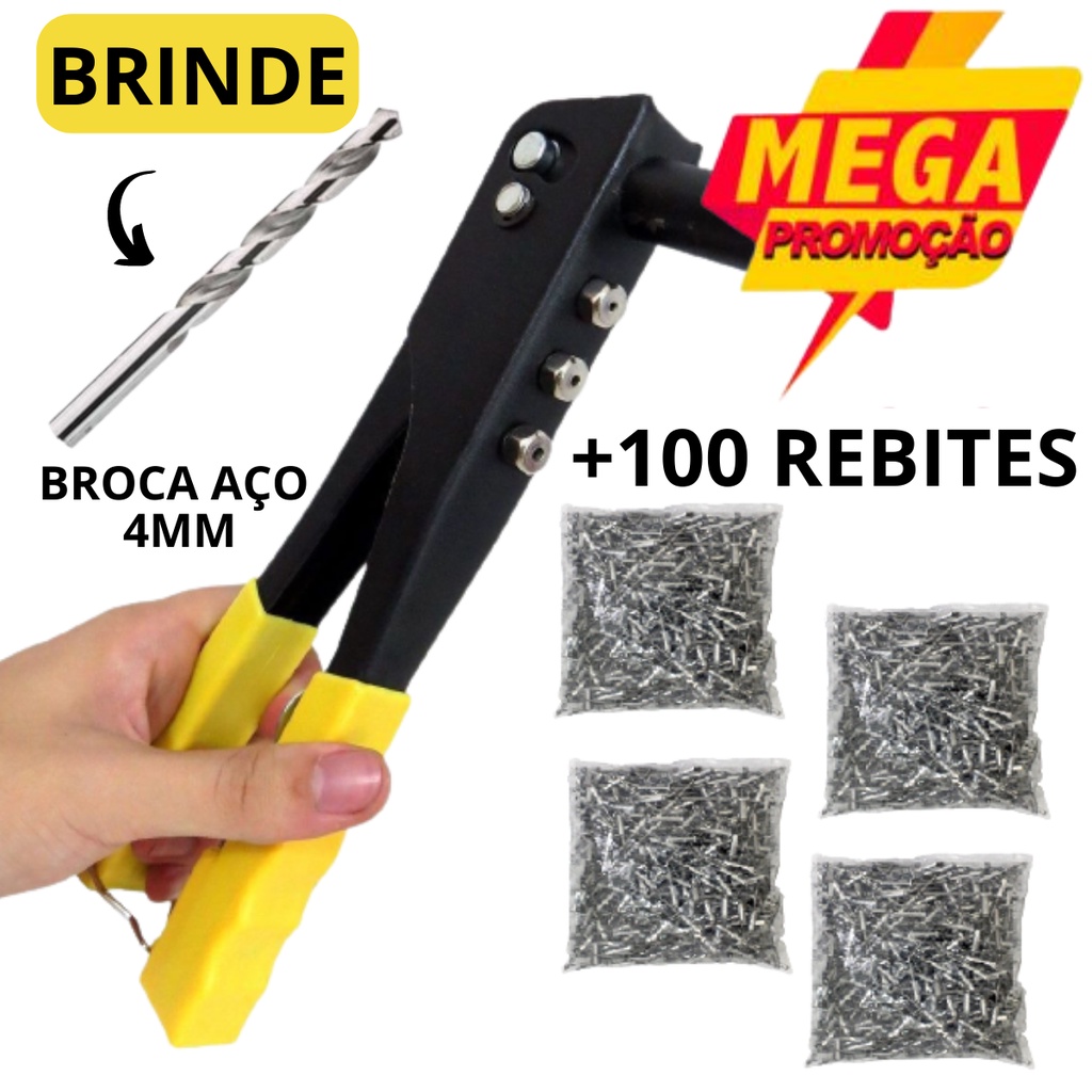 Rebitadeira Profissional Alicate Rebitador Manual + Rebites 4mm ...