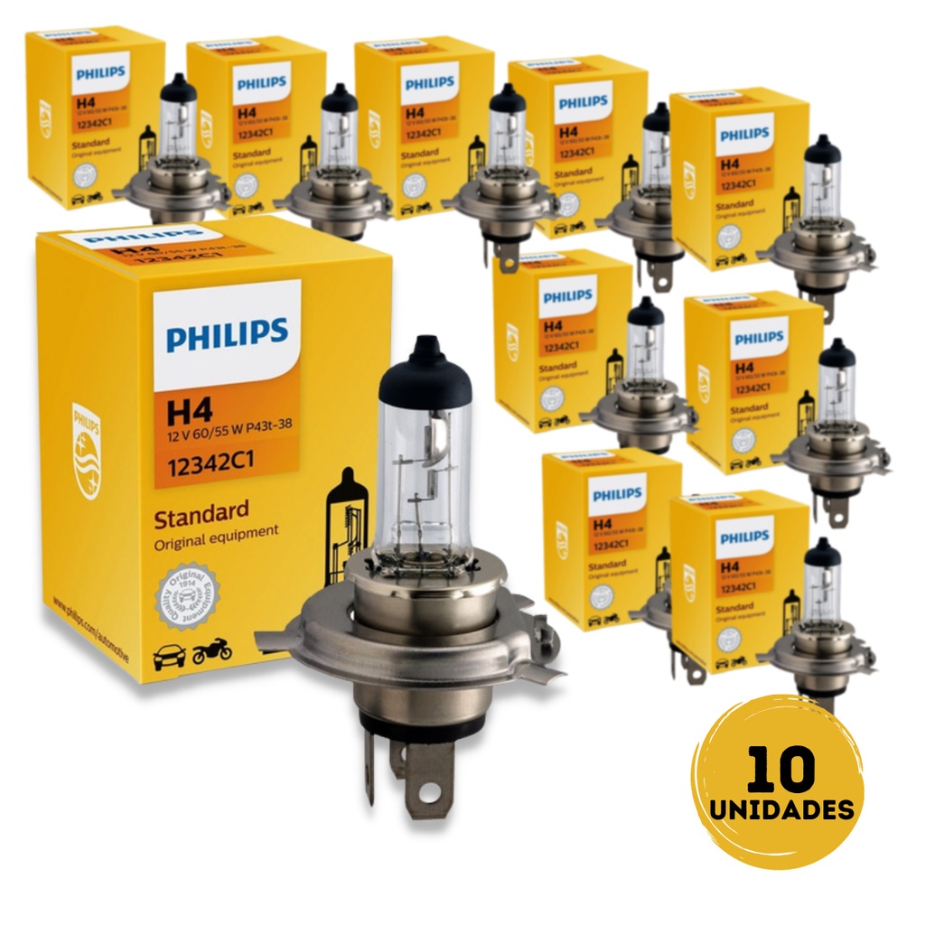 Kit C/10 Lampada Farol Alto E Baixo H4 12v 60/55w Philips | Shopee Brasil
