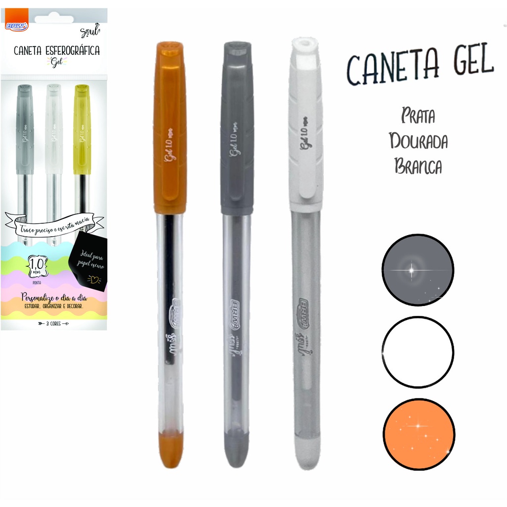 3 Canetas Esferográfica Gel Dourada Prata e Branca 1.0mm BRW | Shopee Brasil