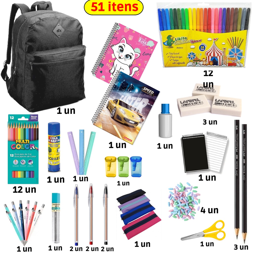 Kit Material Escolar Mochila Caderno Caneta Material Escolar Femenino ...