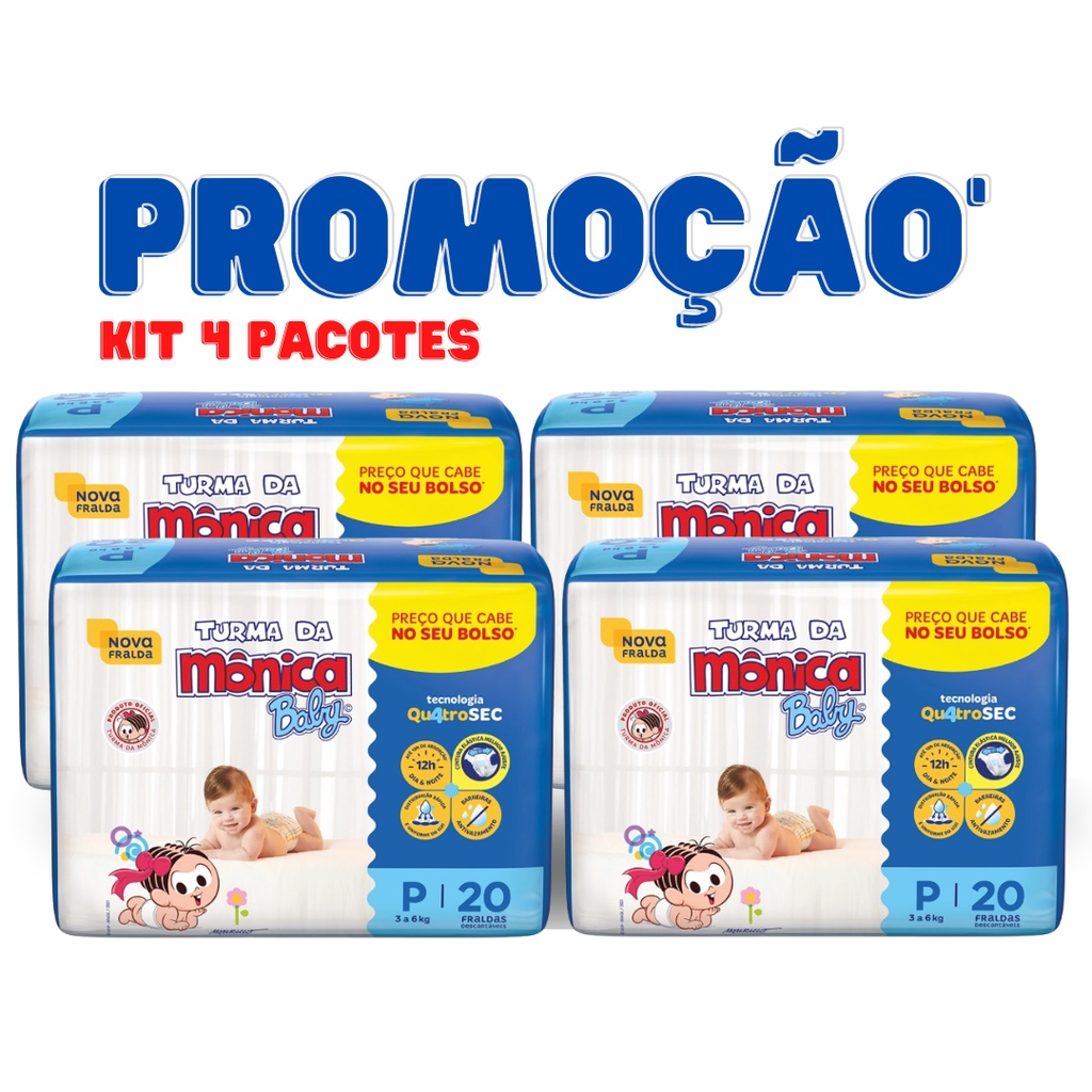 Kit 4 Pacotes de Fralda Turma da Monica Baby Tamanho P - Total 80 ...