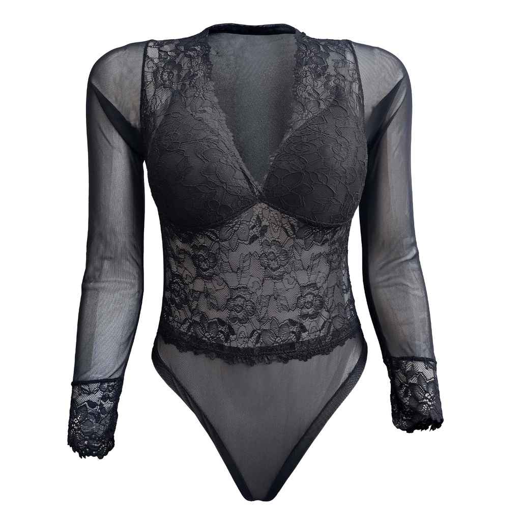 Body de Renda e Tule Manga Longa Feminino Decote V Com Bojo Moda ...