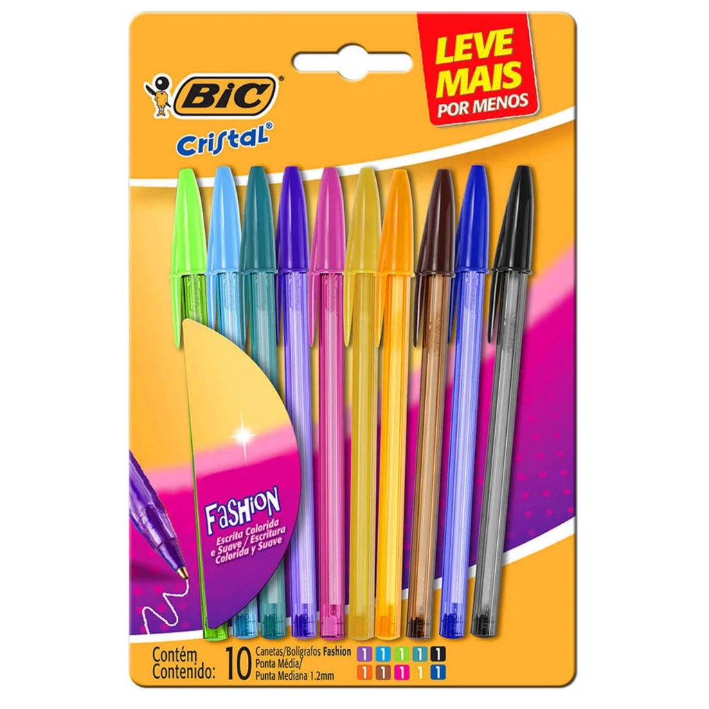 Kit Caneta Bic cristal 1.2mm com 10 cores, escrita colorida e suave ...