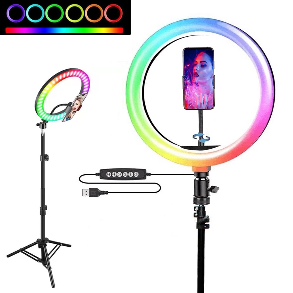 Ring Light Rgb c/ Tripe 2,10mt - Kit YouTuber Colorido Luz Profissional Led de Estudio ...