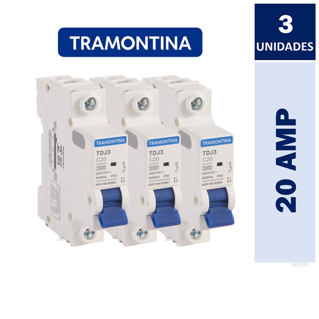 Kit Com 3x Disjuntor Unipolar 20A Curva C 3kA DIN Tramontina | Shopee Brasil