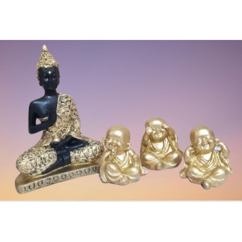 Buda Hindu Deus da Prosperidade +Trio Buda cego ,surdo e Mudo.Ouro ...