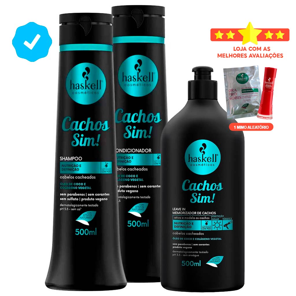 Kit Haskell Shampoo, Condicionador e Leave In Cachos Sim 500g/ml | Shopee Brasil