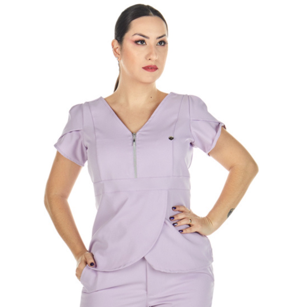 Blusa Scrub Feminino Transpassada Decote Zíper Com Manga Curta Lilás ...