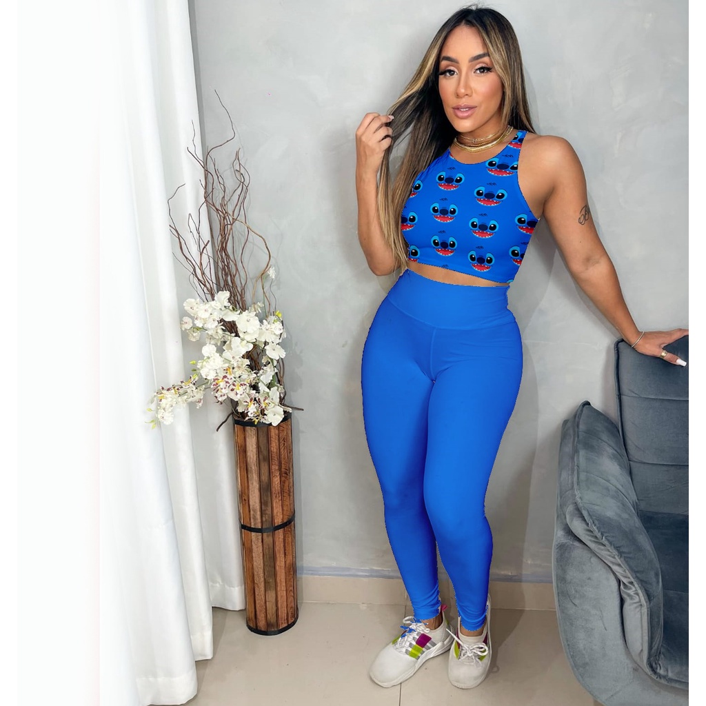 CONJUNTO FITNESS AZUL EM SUPLEX ESTAMPA STITCH | Shopee Brasil