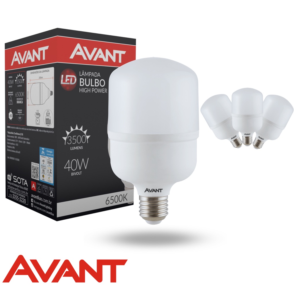 Kit 03 Lâmpadas Led Bulbo 40w E27 Bivolt 6500K Branco Frio Avant ORIGINAL (1 Ano de Garantia ...