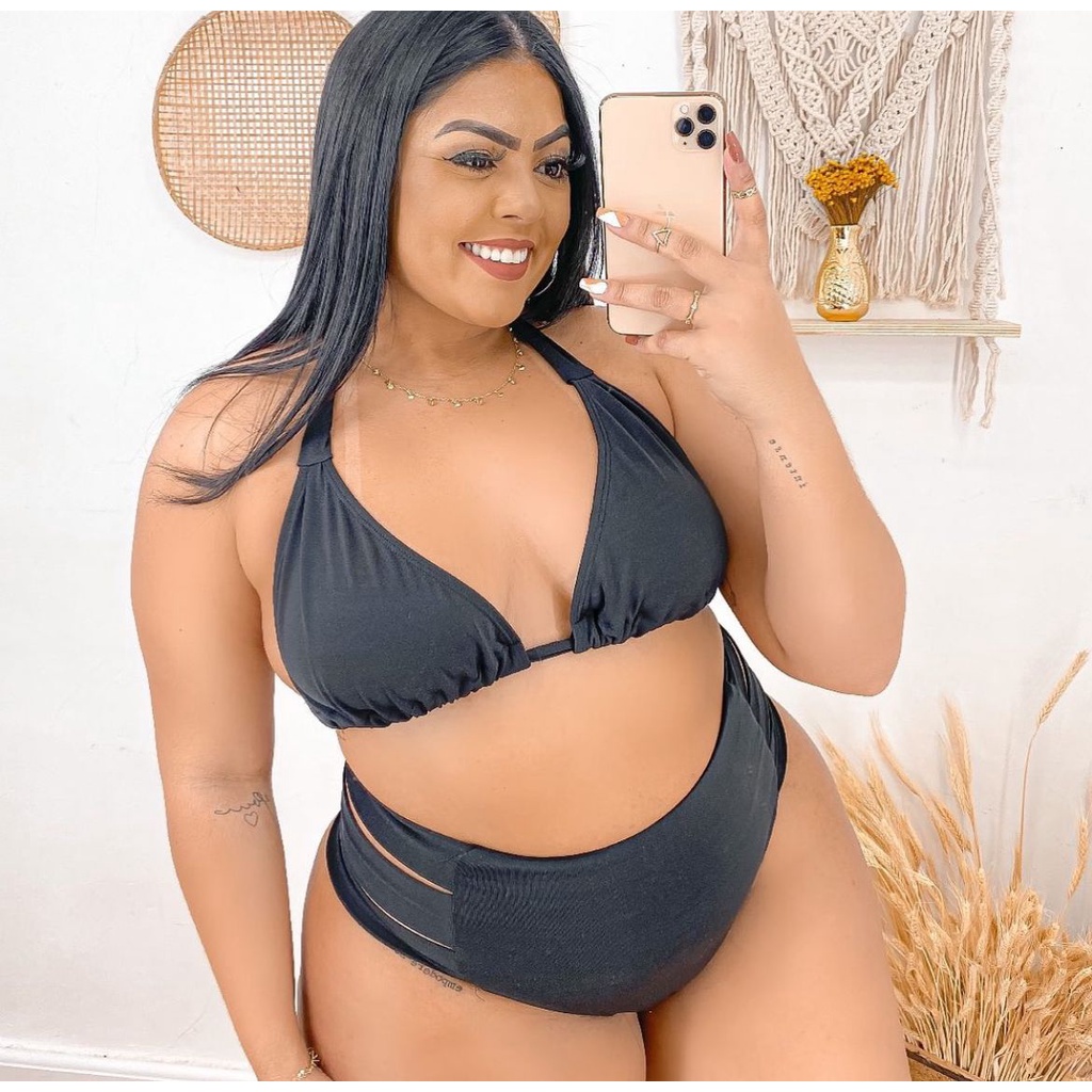 Biquíni Plus Size De Cintura Alta Hot Pant Caimento Perfeito Com Tiras