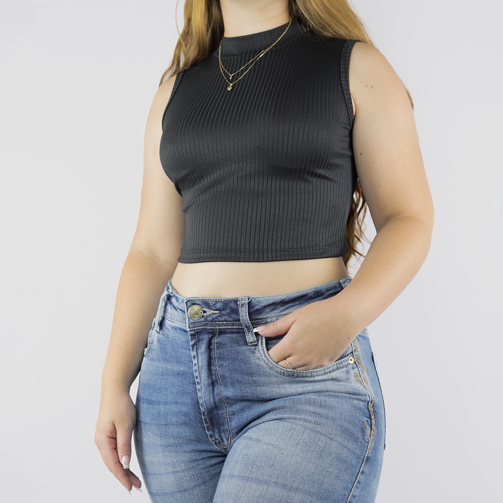 Cropped Feminino Canelado Blusa Feminina Gola Alta | Shopee Brasil