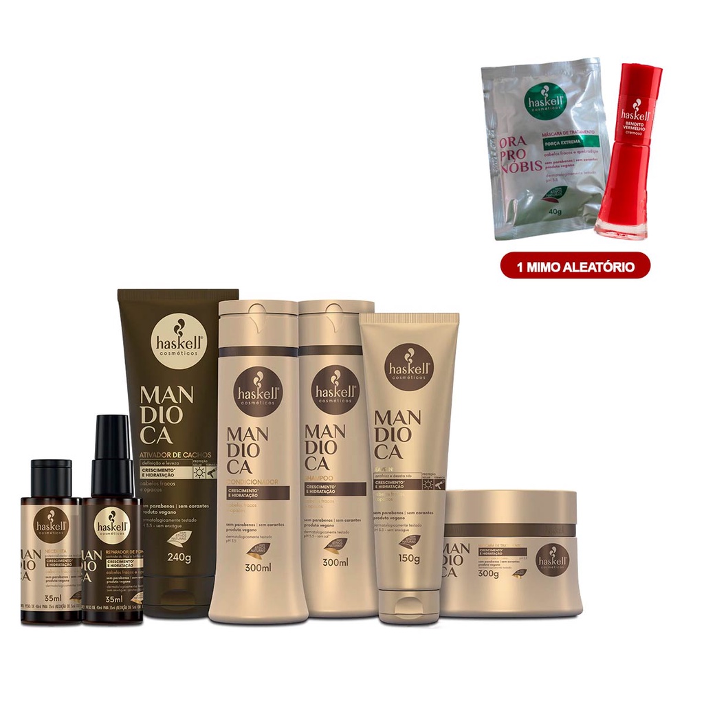 Kit Haskell Mandioca Completo com Ativador de Cachos + Mimo Haskell | Shopee Brasil